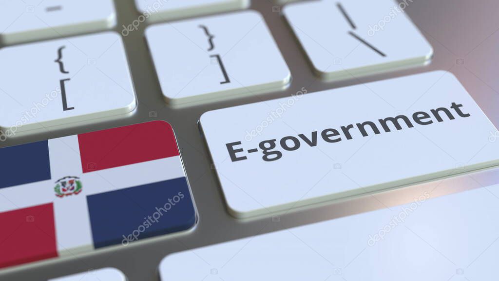 E-Gobierno o Gobierno Electrónico texto y bandera de la República Dominicana en el teclado ...