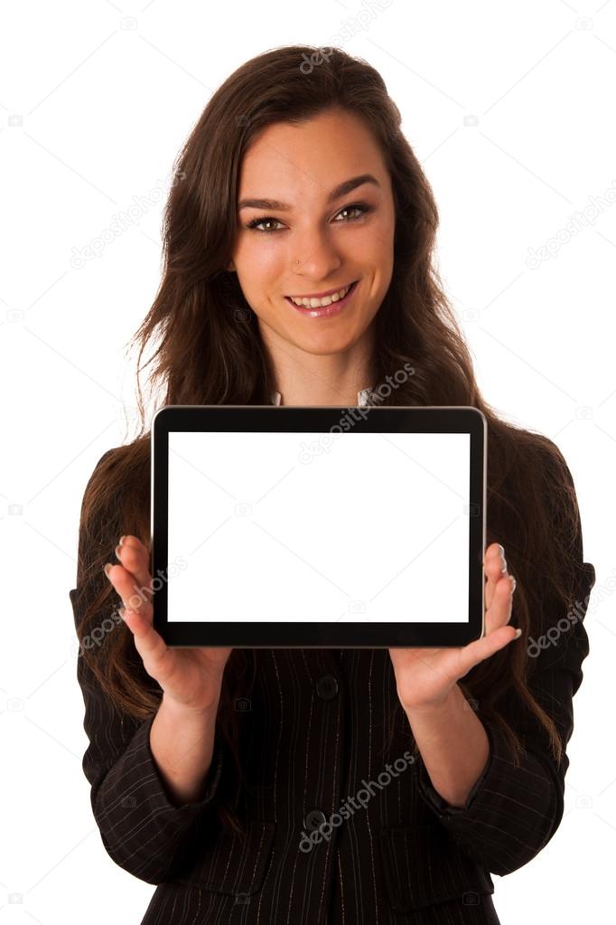 Beautiful young business woman showing tablet with screen for co ...