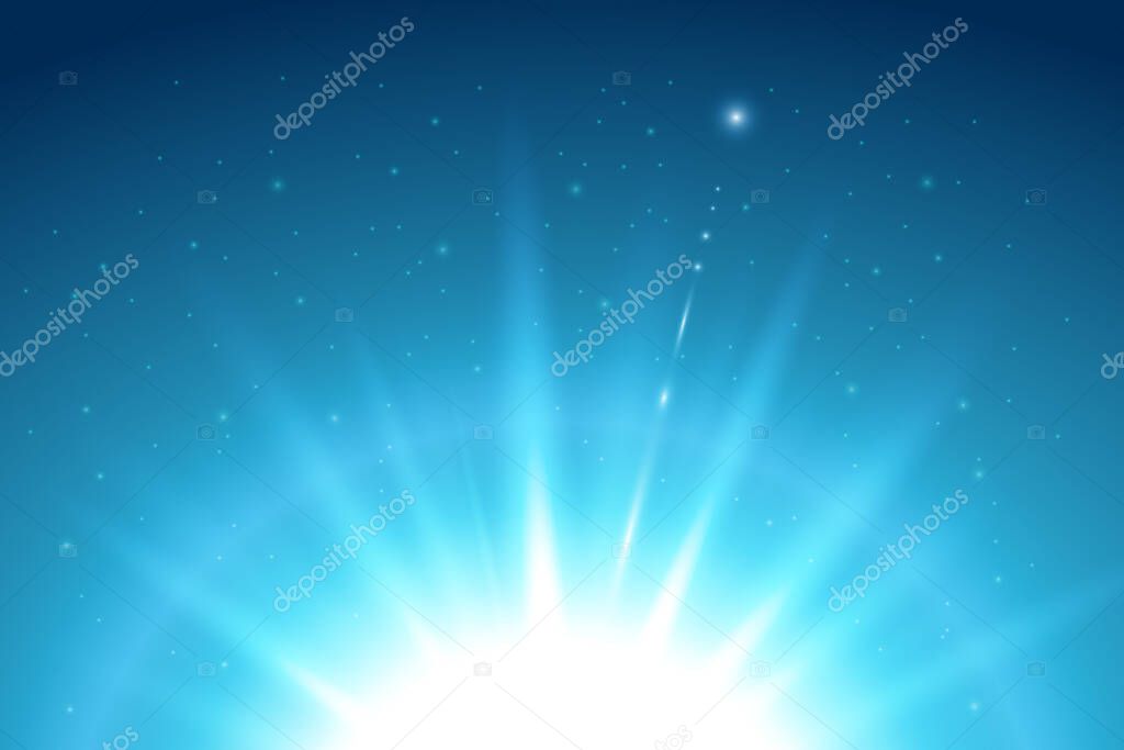 Luz azul abstracta del sol en el cielo nocturno. Rayos brillantes del ...