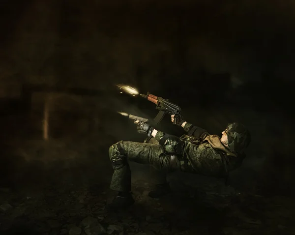 Military man warrior shoots from two guns - Stock Image - Everypixel