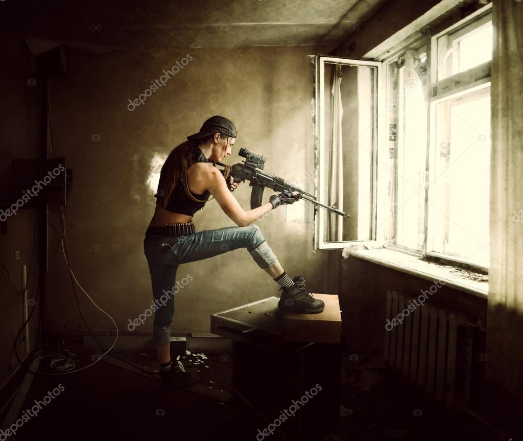 Woman sniper and Soldier aiming rifle at window — Stock Photo ...
