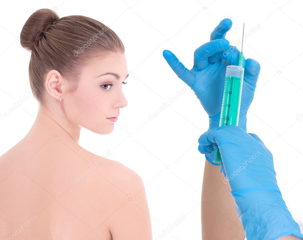 Botox injection concept - hands with syringe and young beautiful ...
