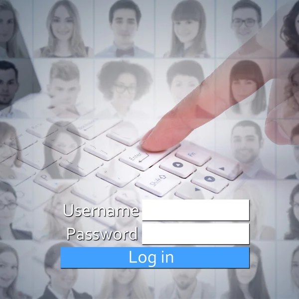 New account registration concept - login box and hand on laptop - Stock ...