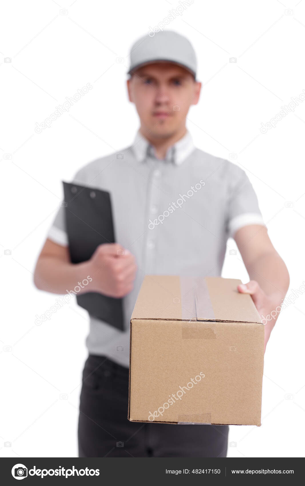 Portrait Postman Uniform Giving Box Isolated White Background Focus ...