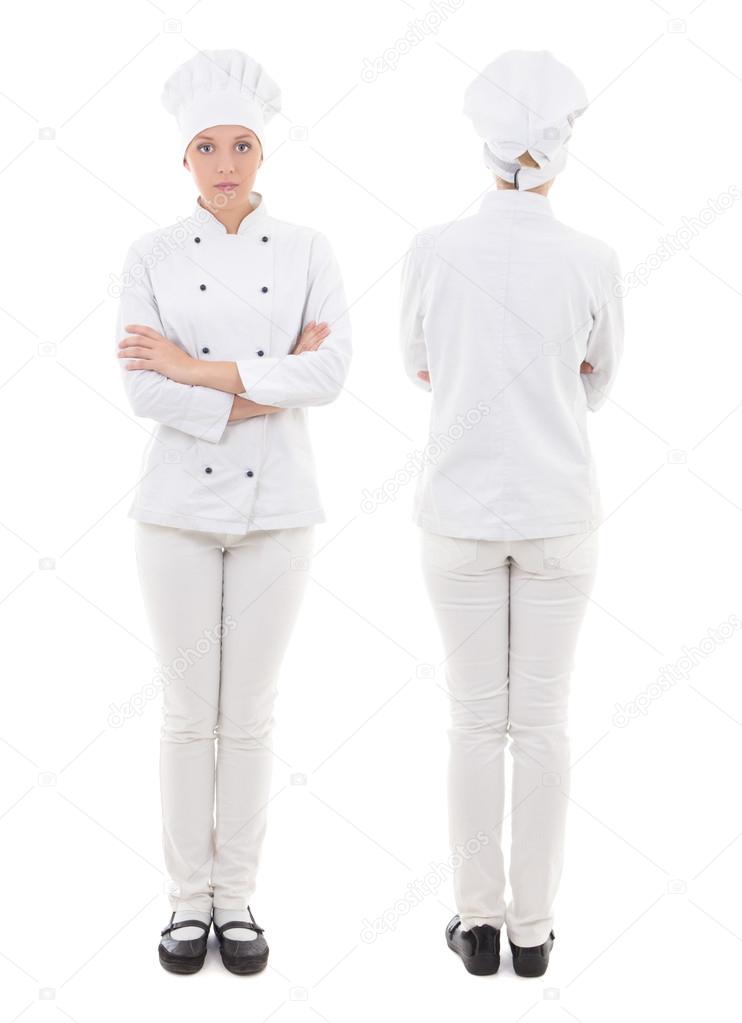 Front and back view of young woman in chef uniform isolated on w Stock ...