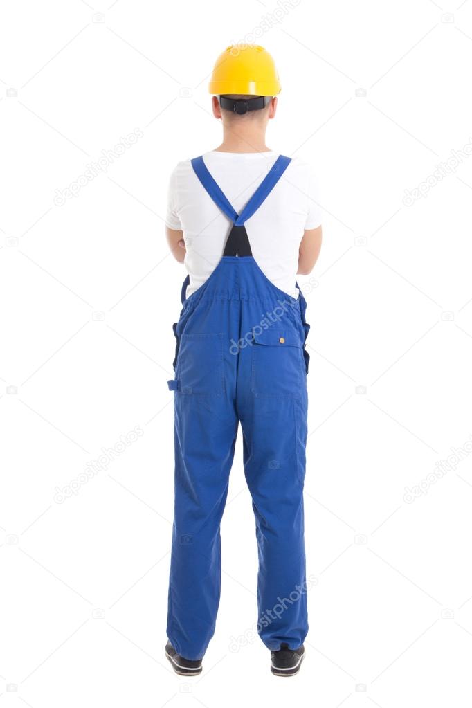 Back view of man in builder uniform and helmet isolated on white ...