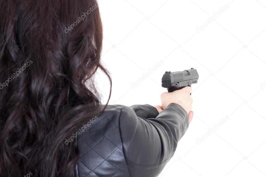 Back view of woman holding gun isolated on white Stock Photo by ©Di ...