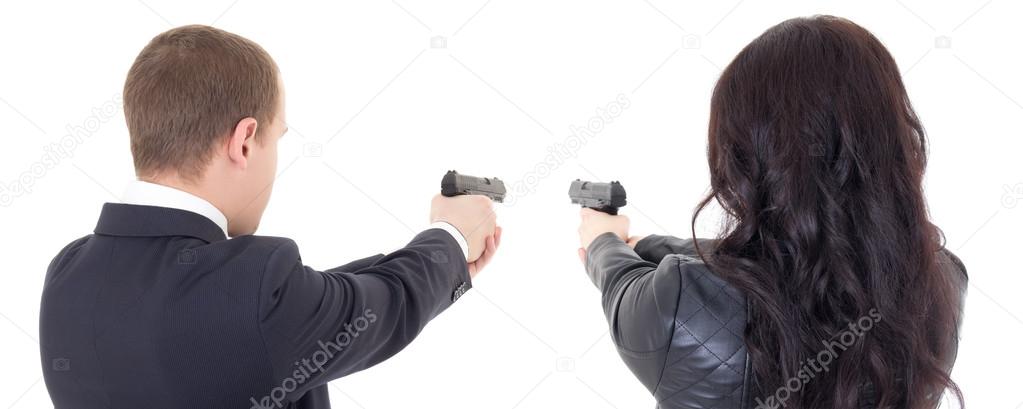 Back view of man and woman shooting with guns isolated on white Stock ...