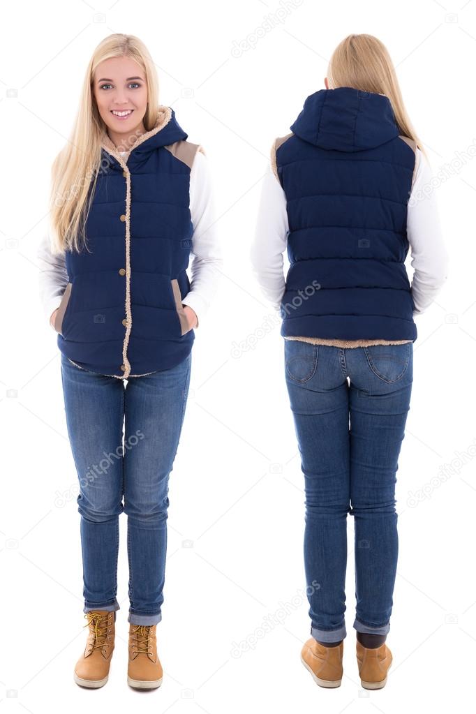 Front and back view of beautiful woman in warm clothes isolated Stock ...