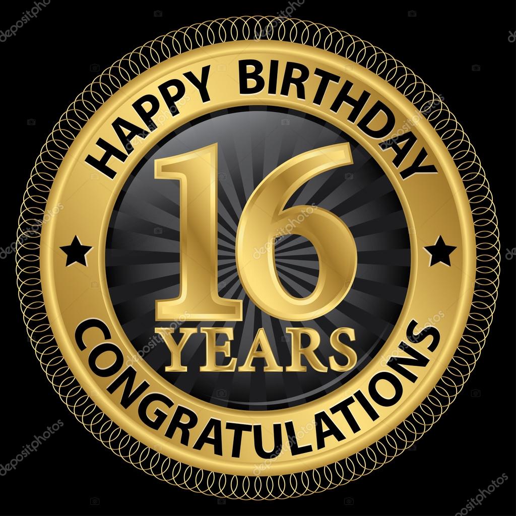16 ans joyeux anniversaire félicitations étiquette d'or, vecteur illus ...