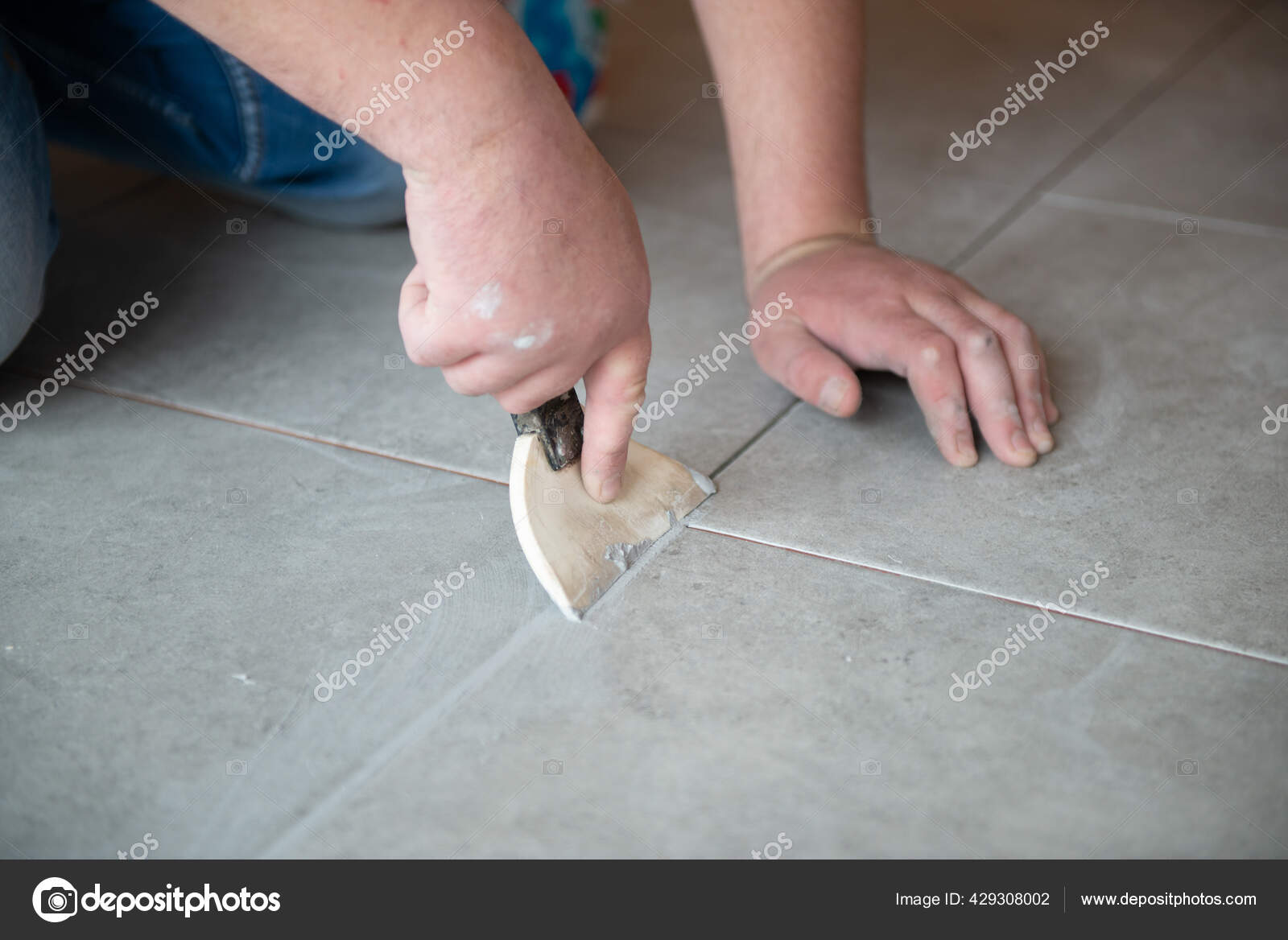 Tiler Laying Ceramic Tile Floor Professional Worker Makes Renovation ...