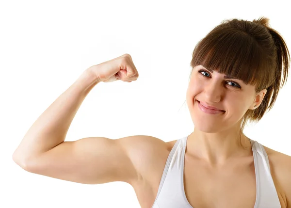 Young fitness woman showing musculs arms. Isolated over white ba Stock ...