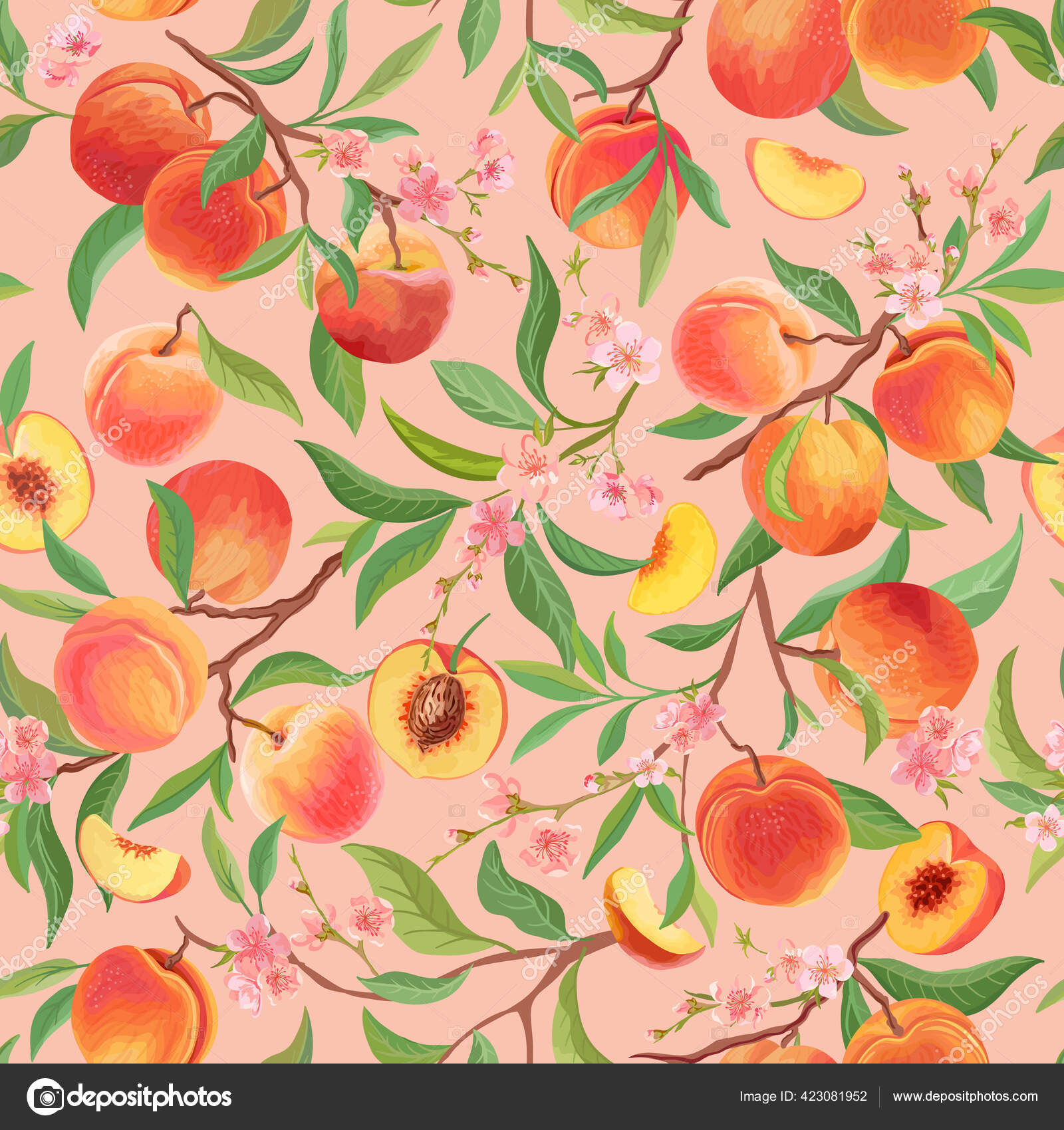 Peach pattern with tropic fruits, leaves, flowers background. seamless ...