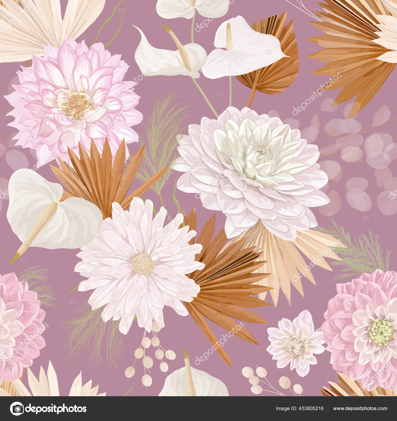 Watercolor dahlia flower, palm leaves, pampas grass, lunaria vector seamless background. Jungle ...