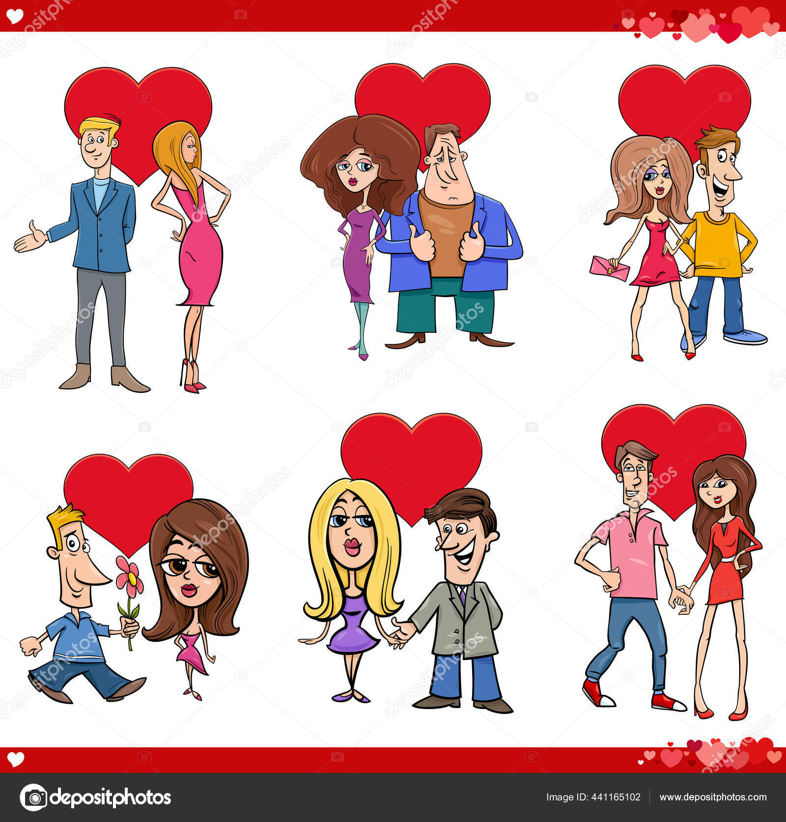 Cartoon Illustration Valentines Day Women Men Couples Love Comic Set