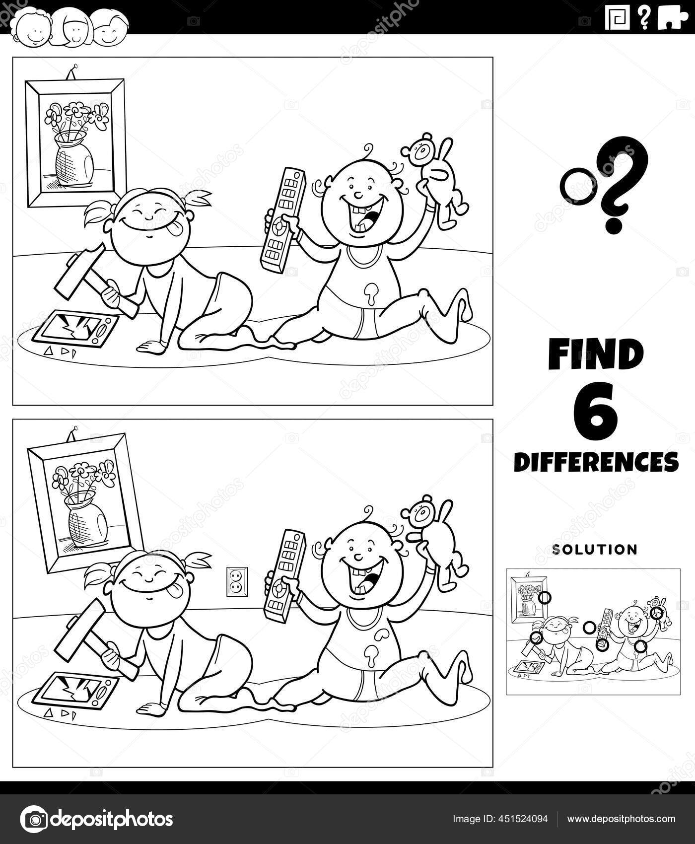 Black White Cartoon Illustration Finding Differences Pictures ...