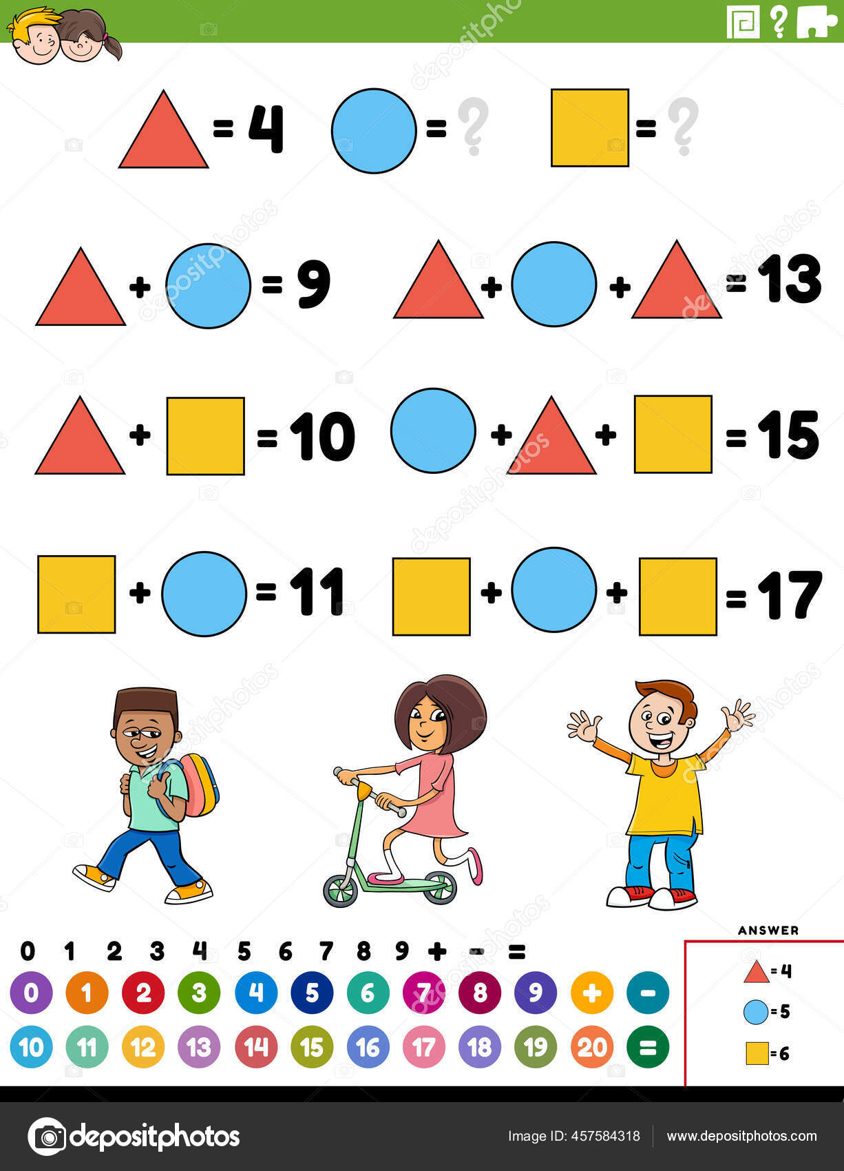 Dibujos Animados Ilustración Tarea Rompecabezas Adición Matemática Educativa Con Los Vector de ...