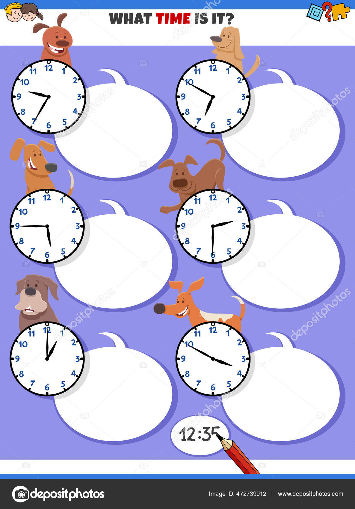 Cartoon Illustrations Telling Time Educational Task Clock Faces Happy ...