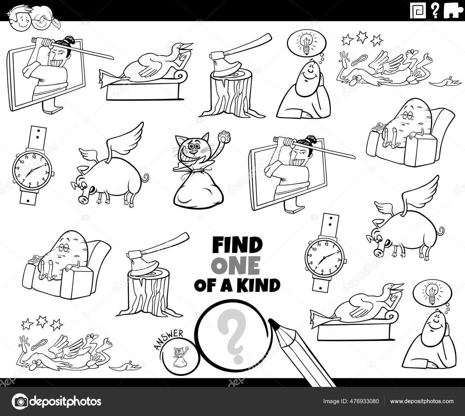 Dibujos Animados Blanco Negro Ilustración Encontrar Uno Juego Educativo ...