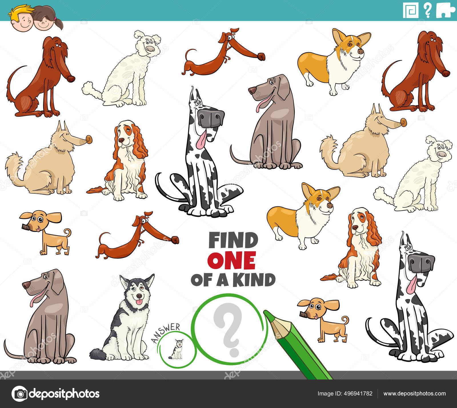 Cartoon Illustration Find One Kind Picture Educational Game Purebred ...