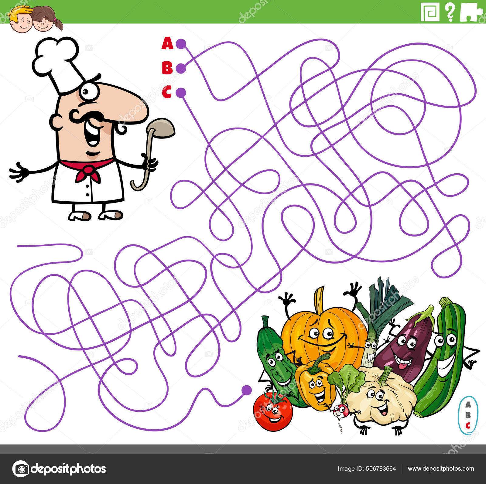 Cartoon Illustration Lines Maze Puzzle Game Chef Character Vegetables ...