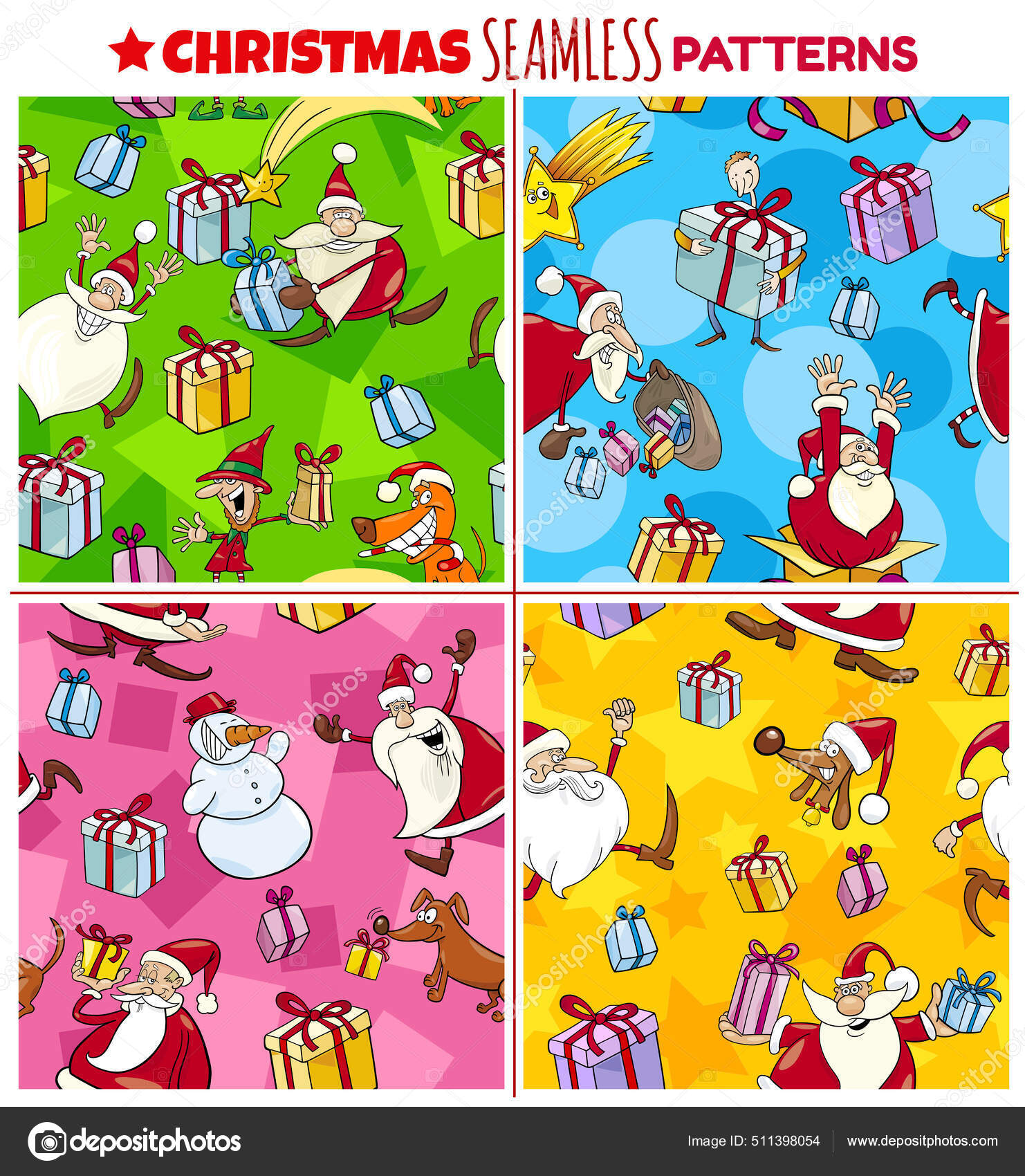 Seamless Patterns Cartoon Illustration Set Santa Claus Christmas ...