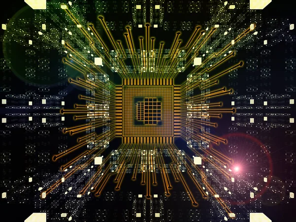 Abstract 3D Illustration of CPU outlines, fractal geometry and lights ...
