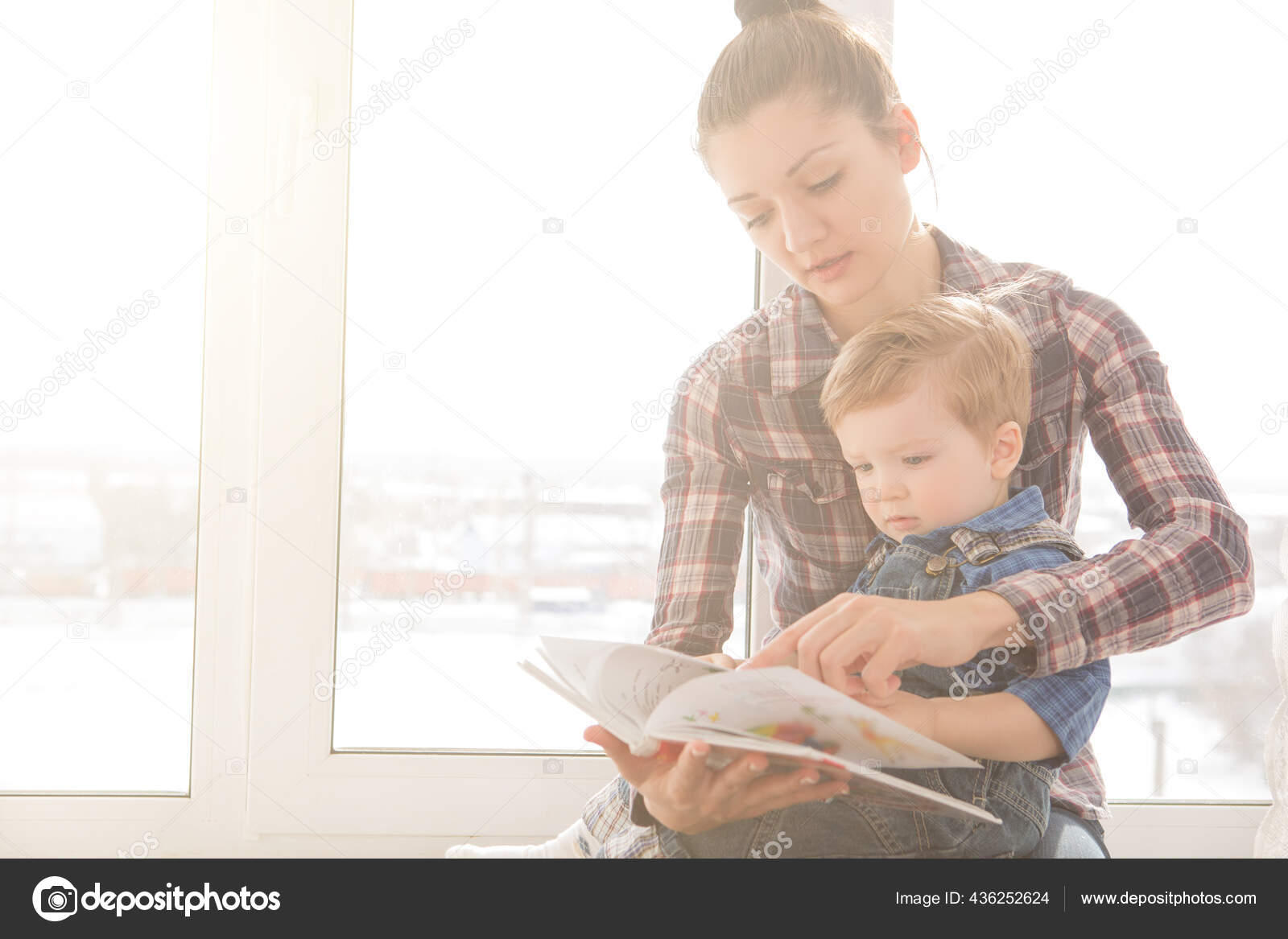 Mother Reading Her Son Background Window House Concept Happiness Love ...