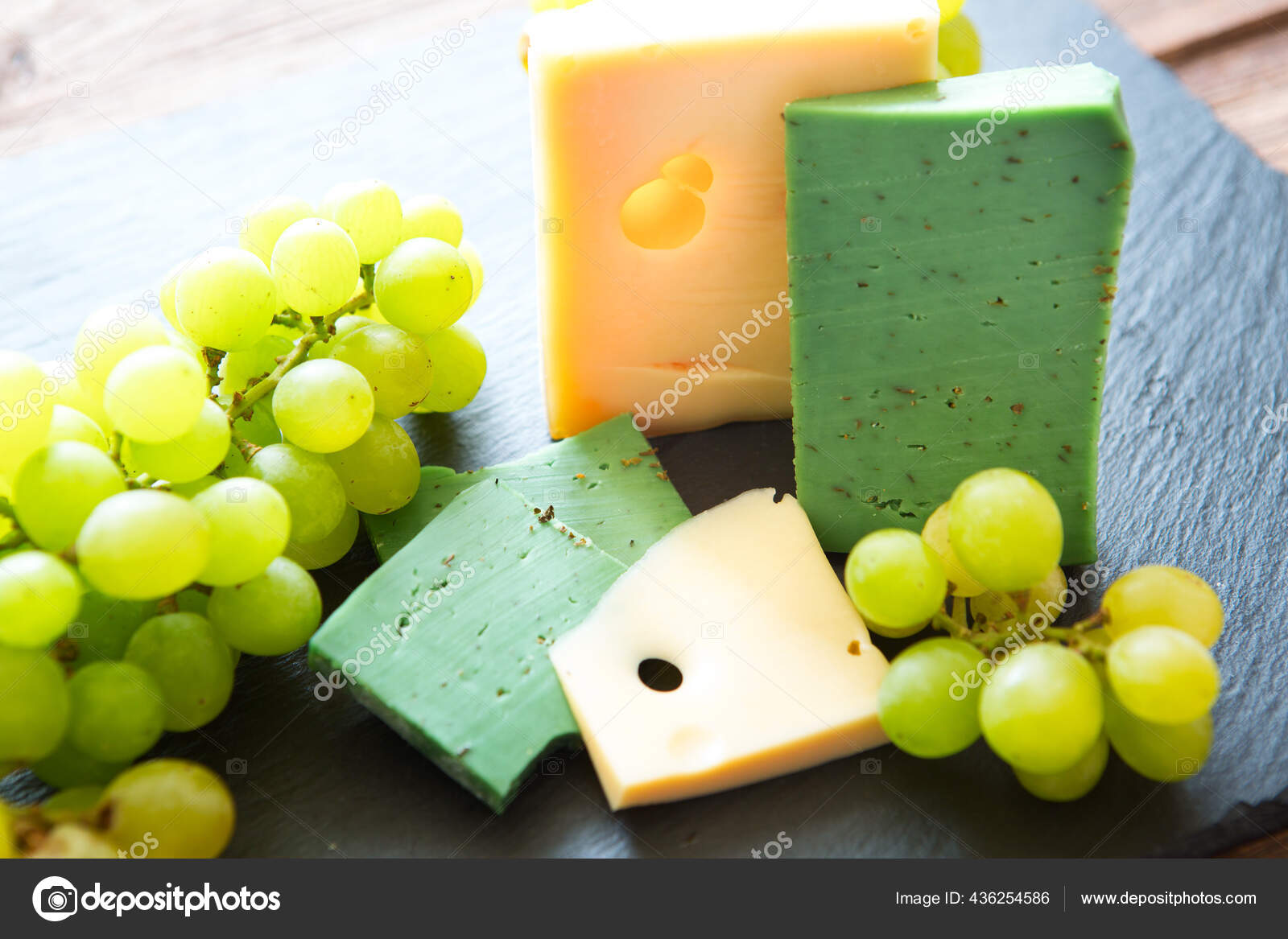Various Types Cheese Green Grapes Black Slate Cheeseboard Table Stock ...