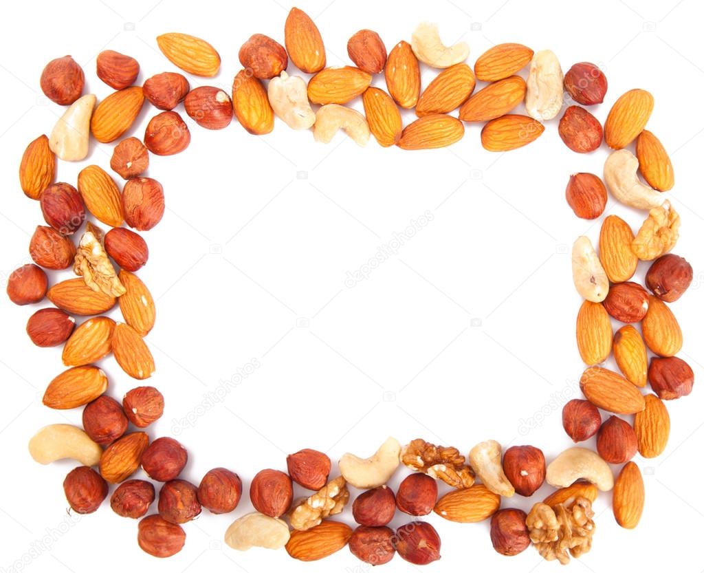 Mixed nuts and dry fruits frame on white background Stock Photo by ...