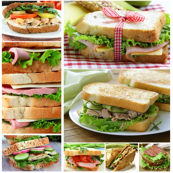 Collage of different sandwiches (ham and cheese, tuna and cucumber ...