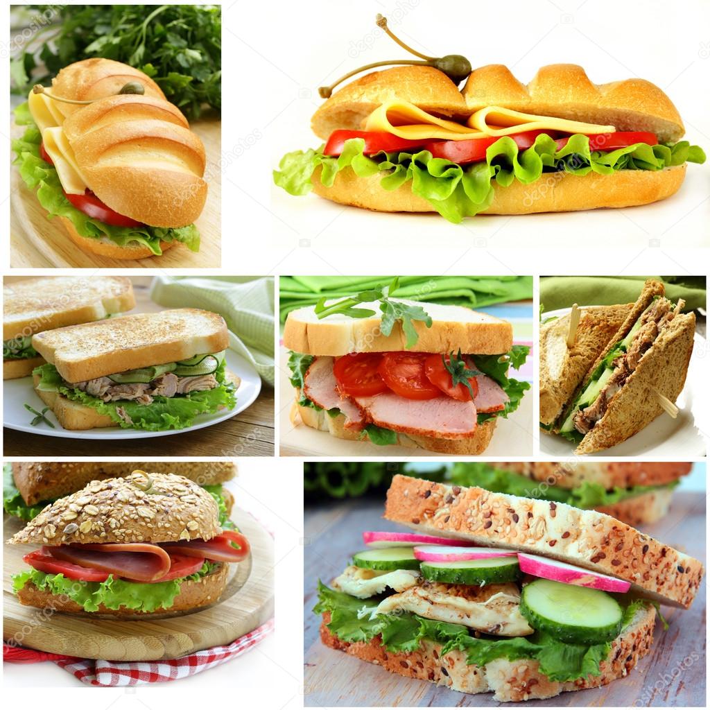 Collage of different sandwiches (ham and cheese, tuna and cucumber ...