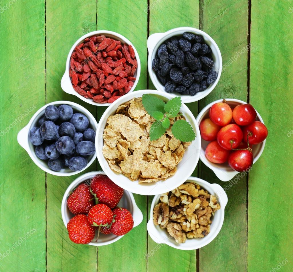Set of ingredients for a healthy food breakfast - muesli, fresh and ...