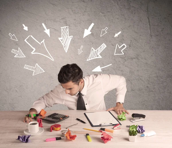 Busy office worker with drawn arrows - Stock Image - Everypixel
