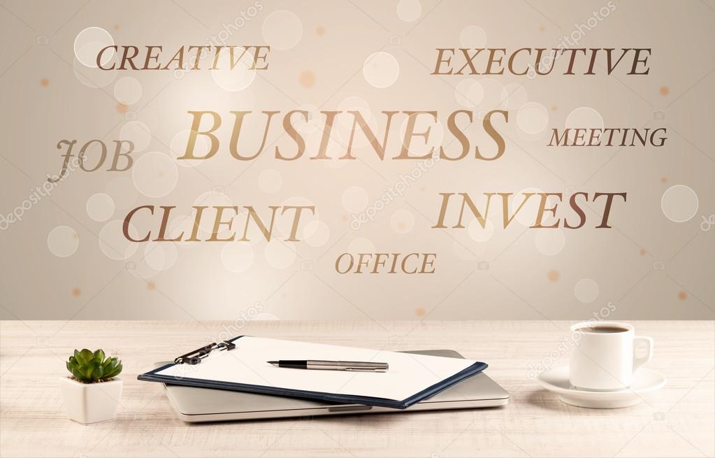 Business office desk with writing on wall — Stock Photo © ra2studio ...