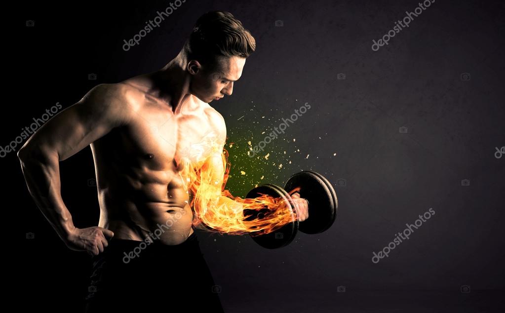 Bodybuilder athlete lifting weight with fire explode arm concept Stock ...