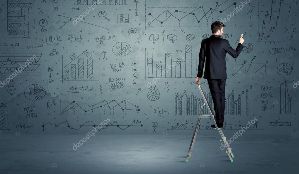 Man on ladder drawing charts Stock Photo by ©ra2studio 110949222