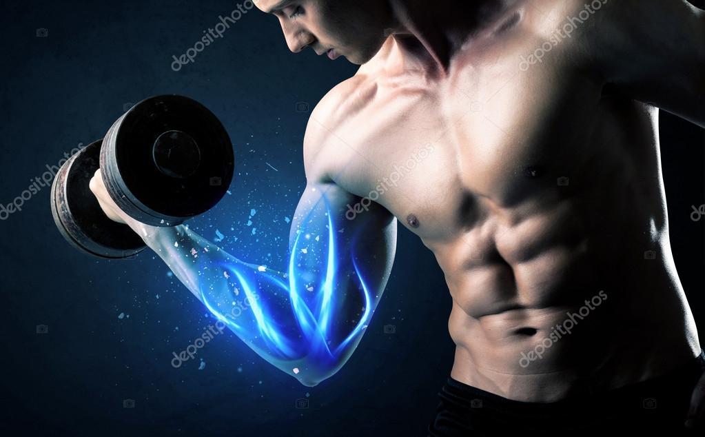 Fit athlete lifting weight with blue muscle light concept — Stock Photo ...