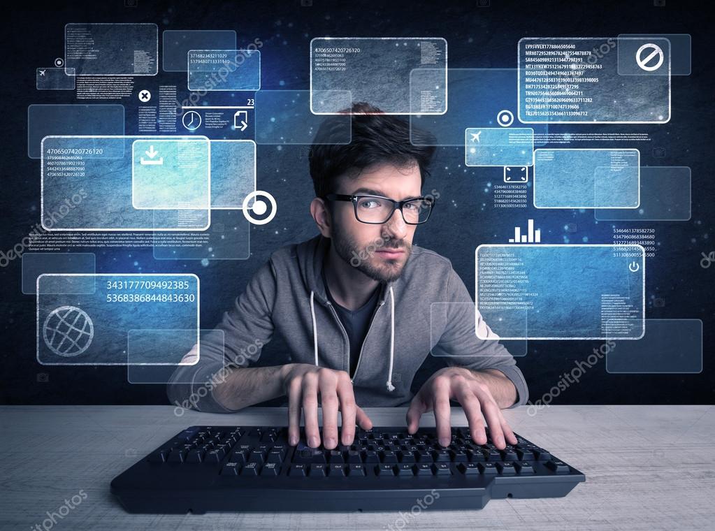 Nerd with glasses hacking websites Stock Photo by ©ra2studio 114279448