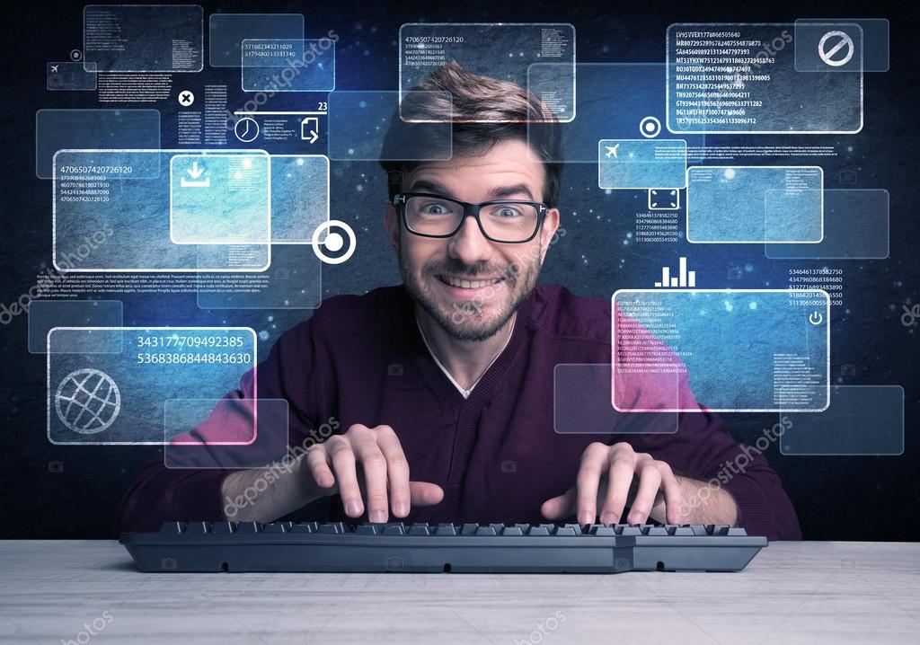 Nerd with glasses hacking websites Stock Photo by ©ra2studio 117877478