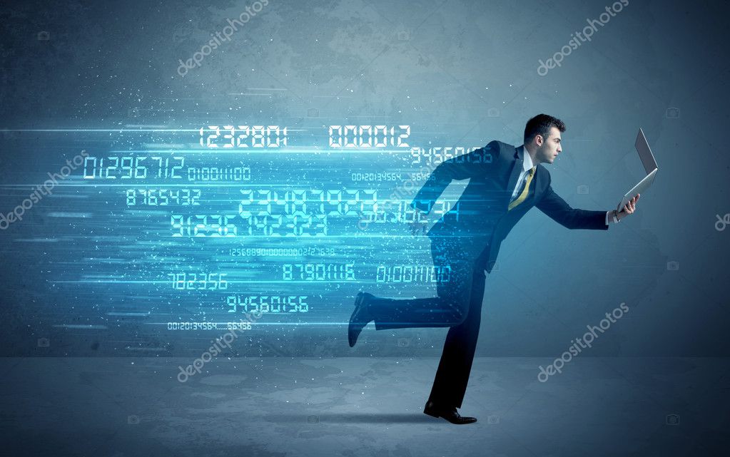 Business man running with device and data concept — Stock Photo ...