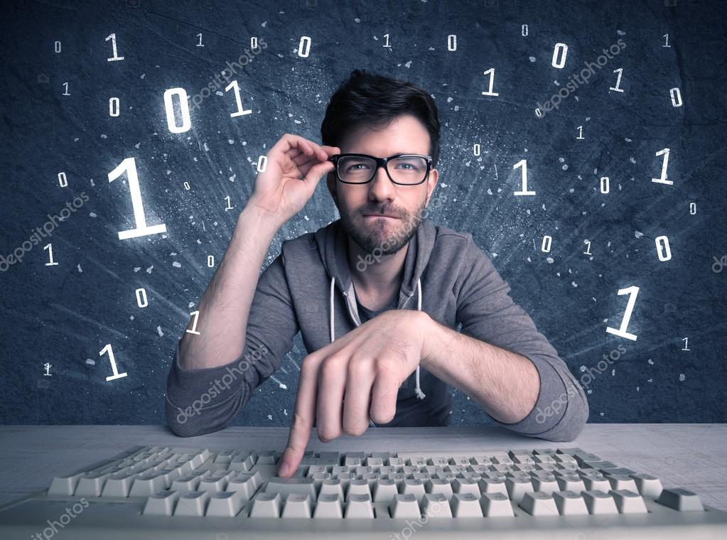 Online intruder geek guy hacking codes Stock Photo by ©ra2studio 121727476