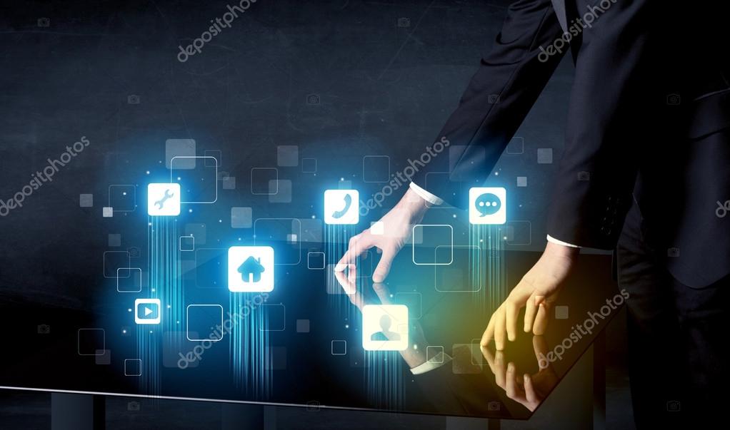 Modern smart table with high tech icons on its interface screen — Stock ...