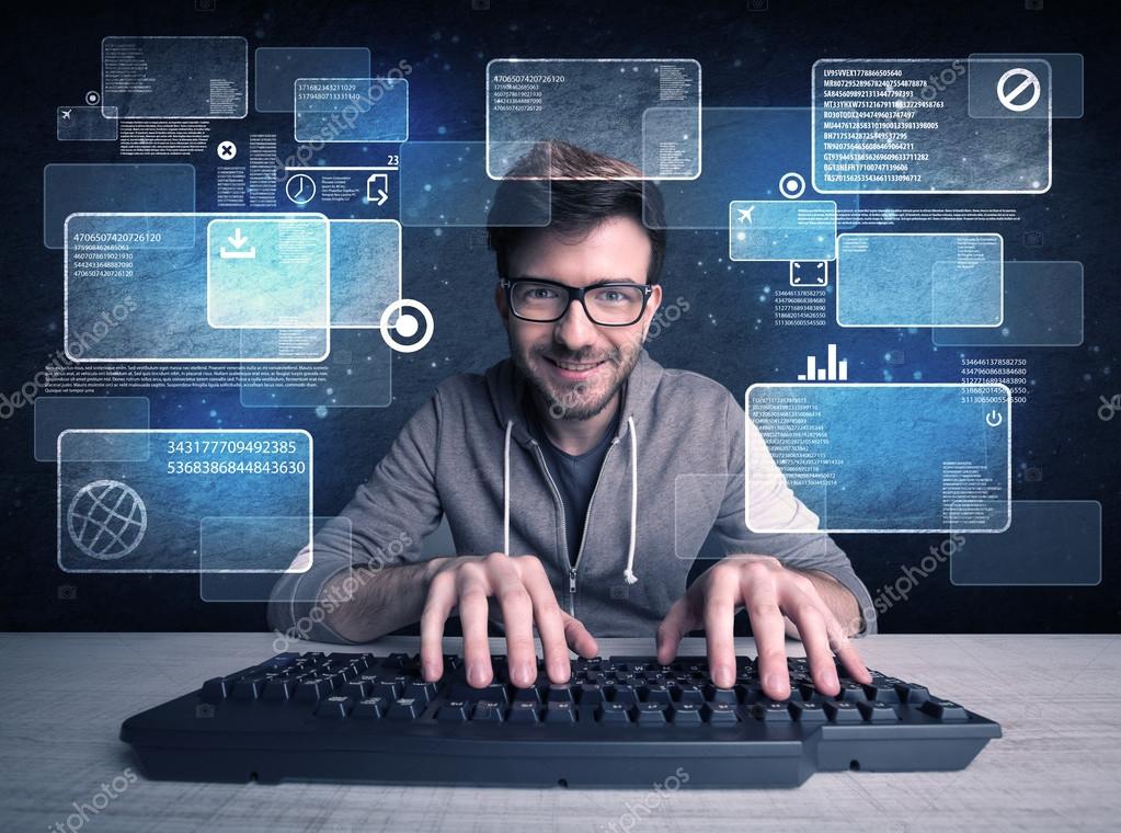 Nerd with glasses hacking websites Stock Photo by ©ra2studio 123499354