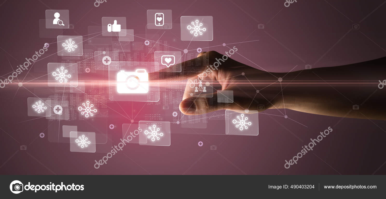 Hand pressing social media multimedia application screen with media ...