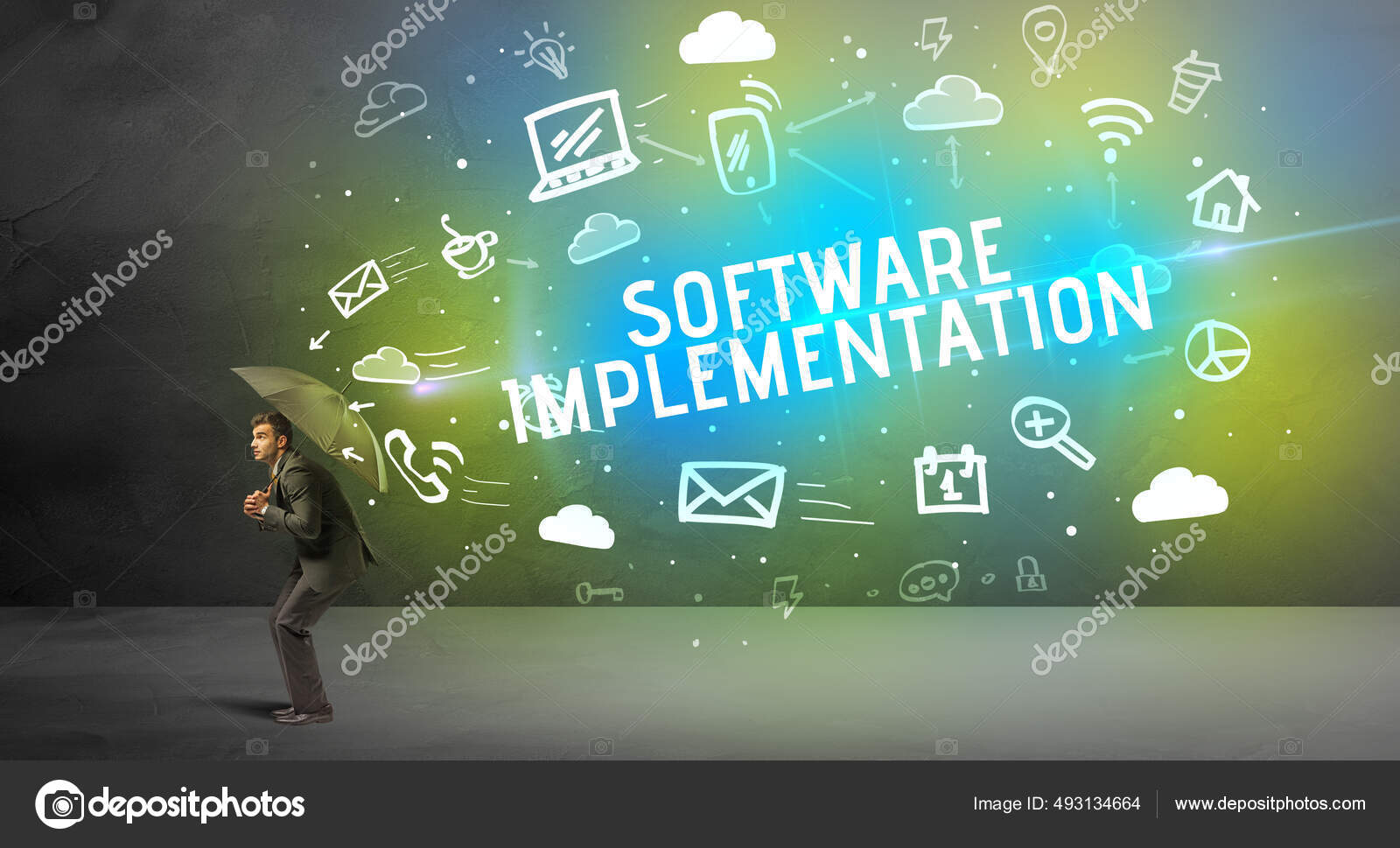 Businessman defending with umbrella, modern technology concept — Stock ...