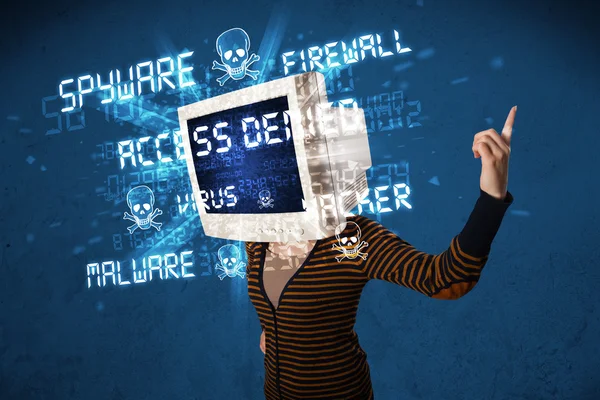 Monitor head person with hacker type of signs on the screen - Stock ...