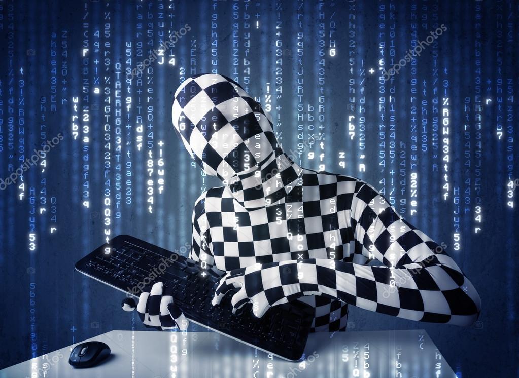 Hacker in body mask decoding information from futuristic network Stock ...