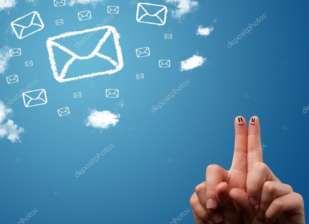 Happy smiley fingers looking at mail icons made out of clouds Stock ...