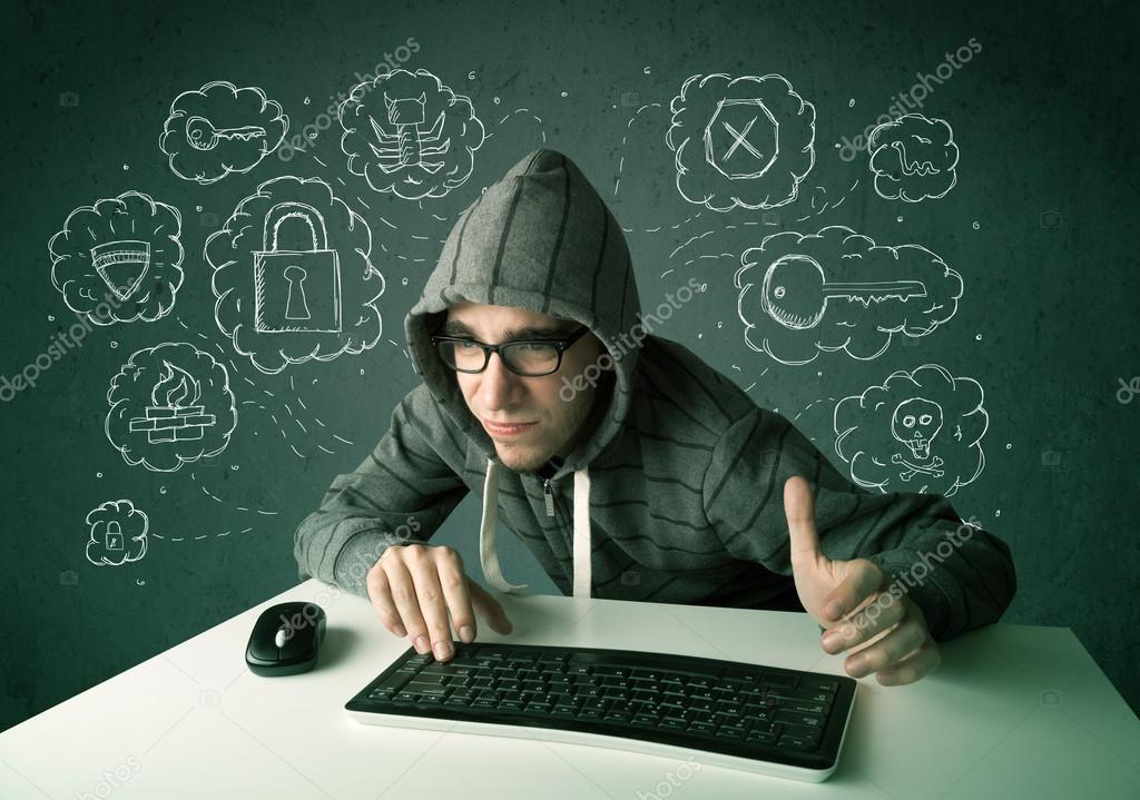Joven empollón hacker con virus y pensamientos de hacking 2024